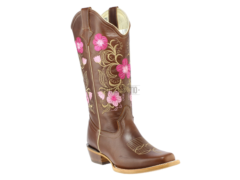 Botas Vaqueras Dama Piel Bordado Flores Chata Suela Vaqueta – Bota el tio
