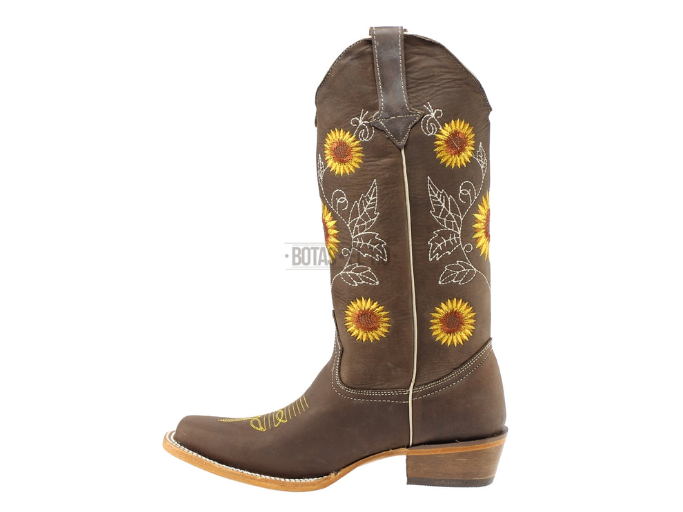 Botas Vaqueras Dama Piel Bordado Girasoles Chata Vaqueta – Bota el tio